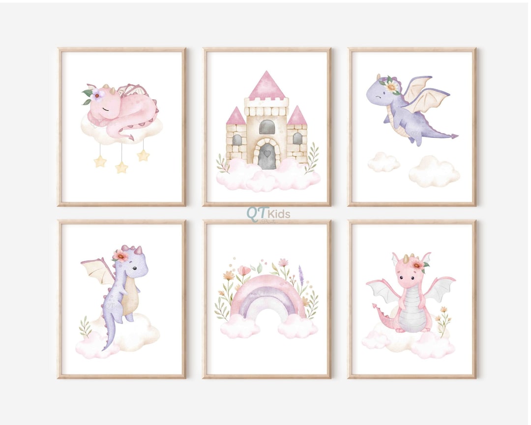Pink Floral Dragon Nursery Prints, Girl Nursery Prints, Girl Room ...
