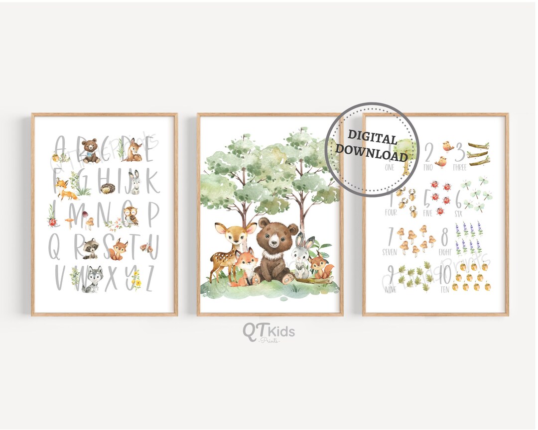 Woodland Alphabet Numbers Prints, Woodland Nursery Decor, Kids Playroom ...