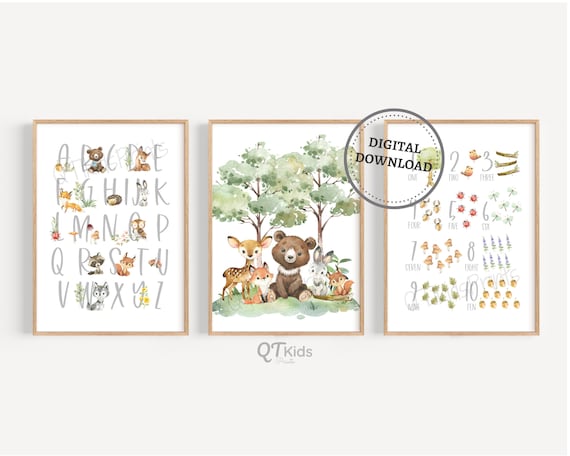 Woodland Alphabet Numbers Prints Woodland Nursery Decor Kids - Etsy