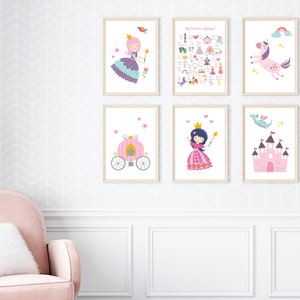 Princess ABC Prints, Girl Nursery Print Set of 6, Playroom Princess ...