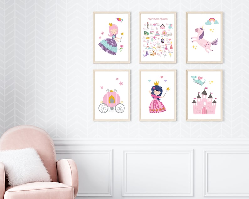 Princess ABC Prints, Girl Nursery Print Set of 6, Playroom Princess ...