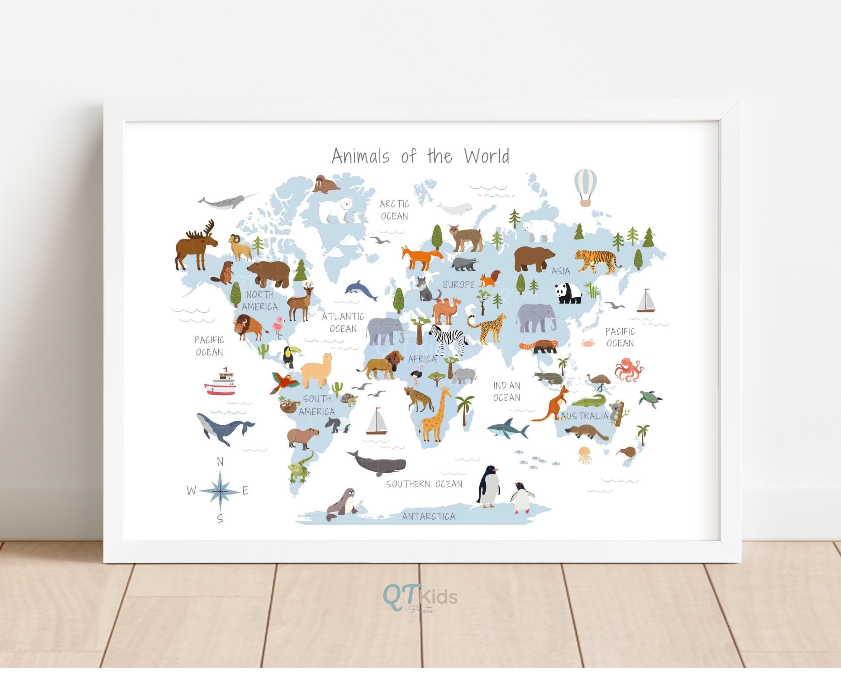 Animal World Map, Kids Learning Poster, Classroom Print, Homeschool ...