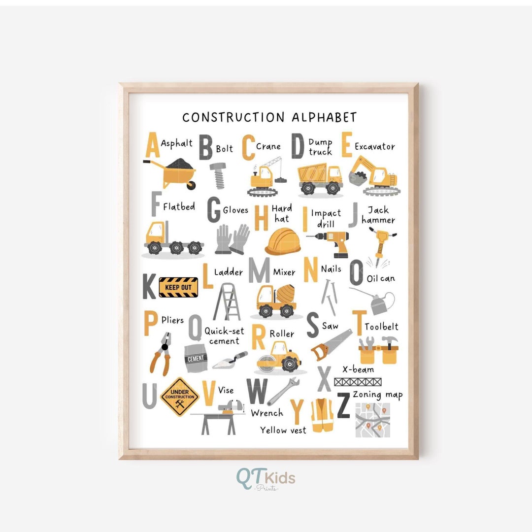 Construction Print, ABC Alphabet, Toddler Kids Playroom Decor, Trucks ...