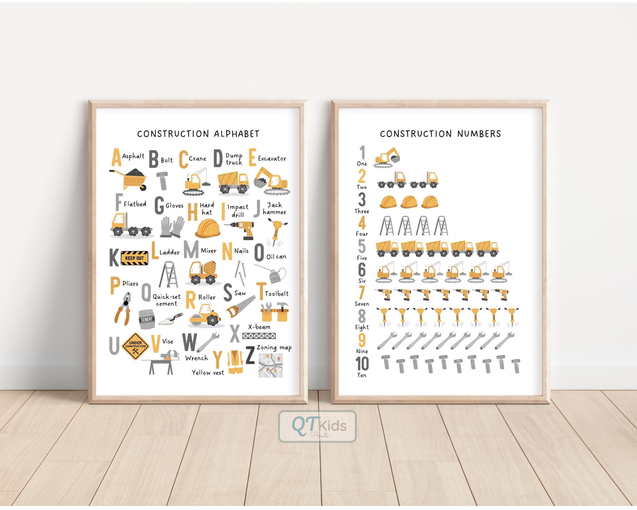 Construction Prints, ABC Alphabet Numbers, Toddler Playroom Decor ...