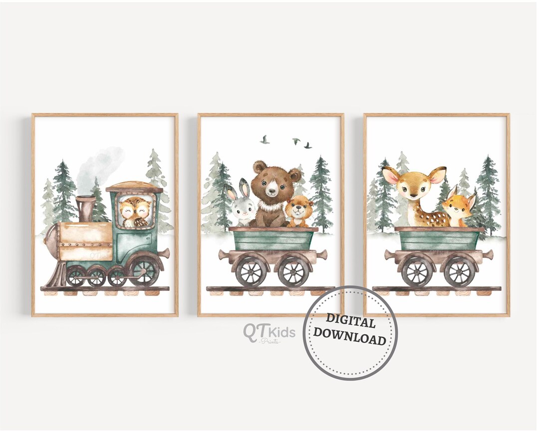 Woodland Animal Printable Wall Art, Green Train Prints, Boy Nursery ...