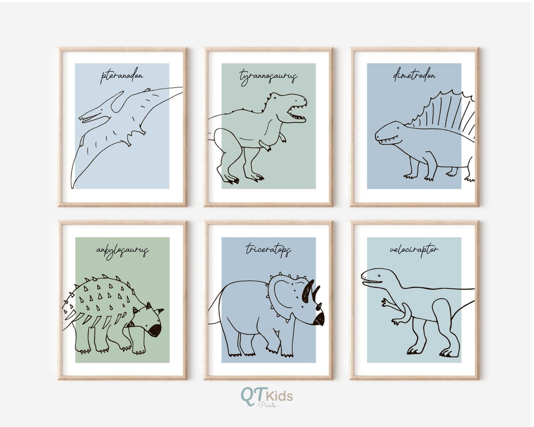 Dinosaur Prints, Hand Drawn Dinosaur Wall Art, Kids Room Blue Green ...