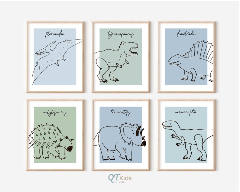 Dinosaur Prints, Hand Drawn Dinosaur Wall Art, Kids Room Blue Green ...
