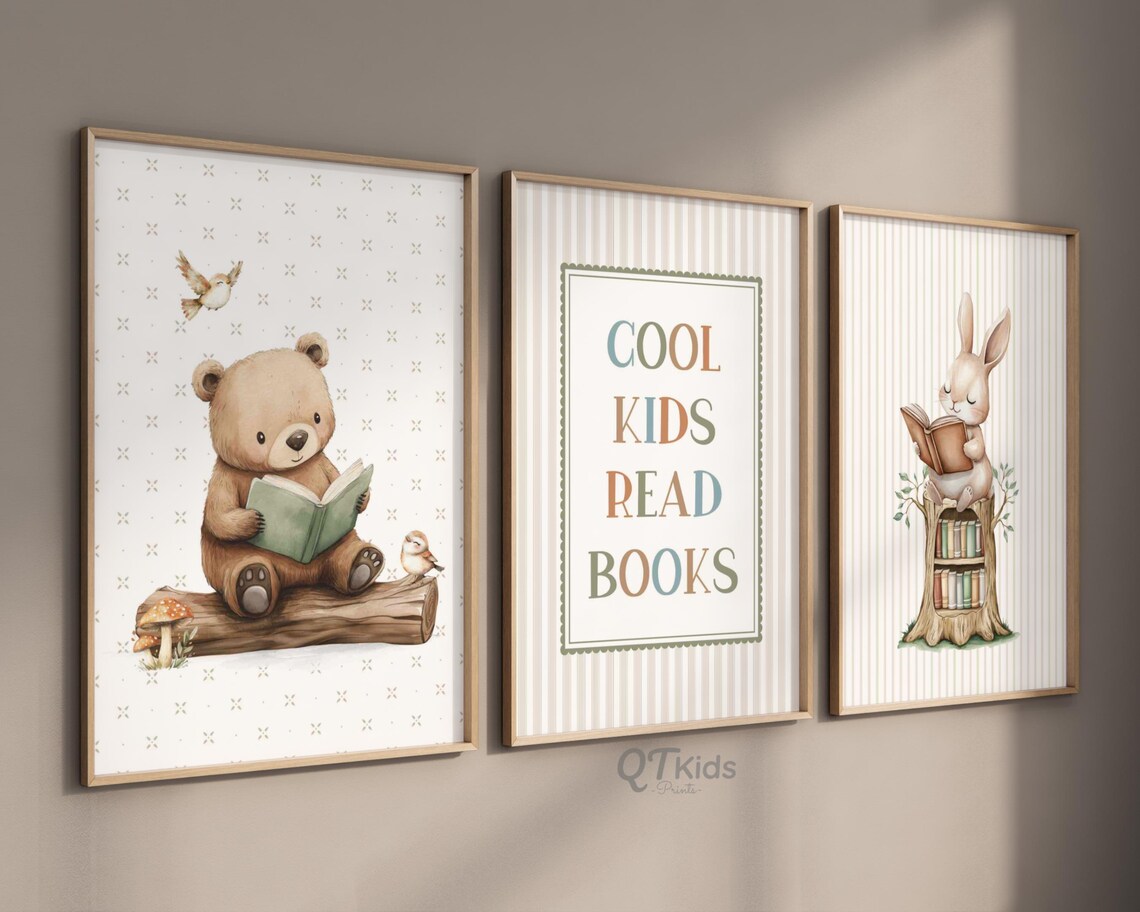 Reading Animals Nursery Prints, Cool Kids Read Books, Book Nook Wall ...