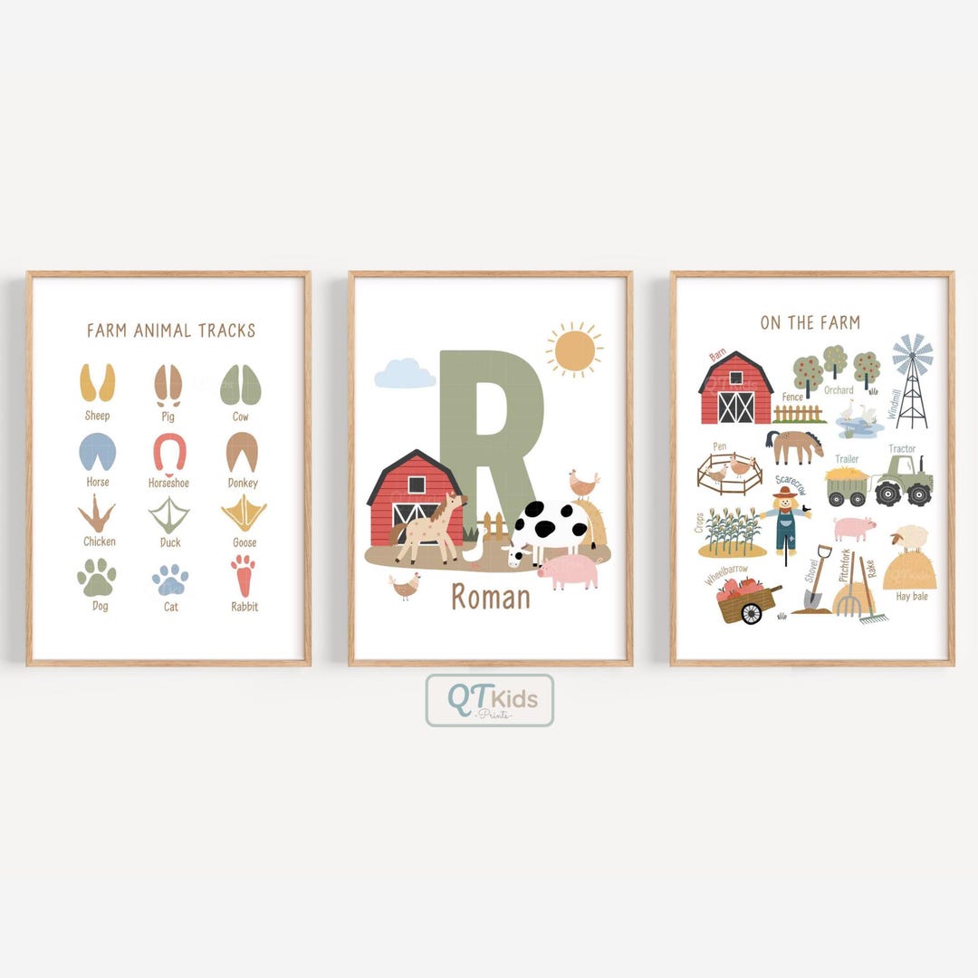 Farm Animal ABC Numbers Prints, Personalized Toddler Kids Room Wall Art ...