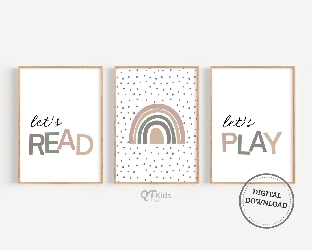 Neutral Boho Nursery Prints, Let's Read Let's Play Rainbow Posters ...