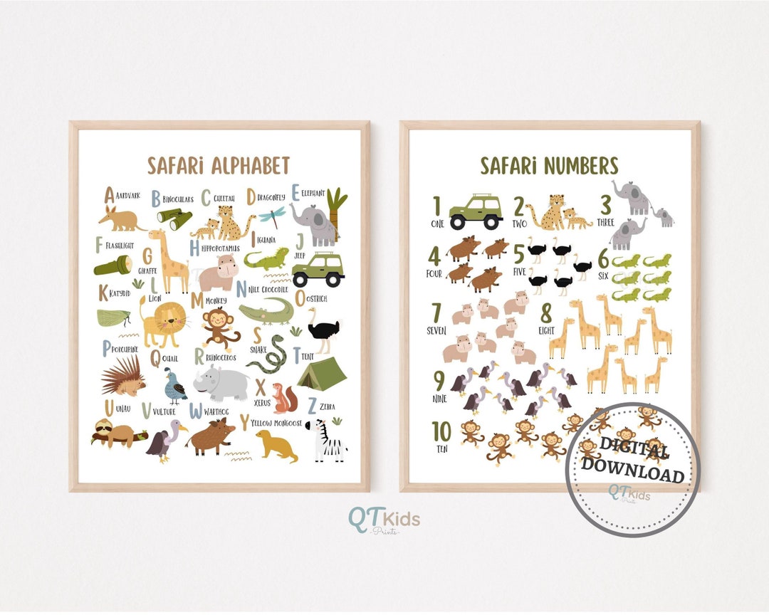Safari Alphabet Numbers Prints, ABC Poster, Numbers 1-10, Pre-school ...