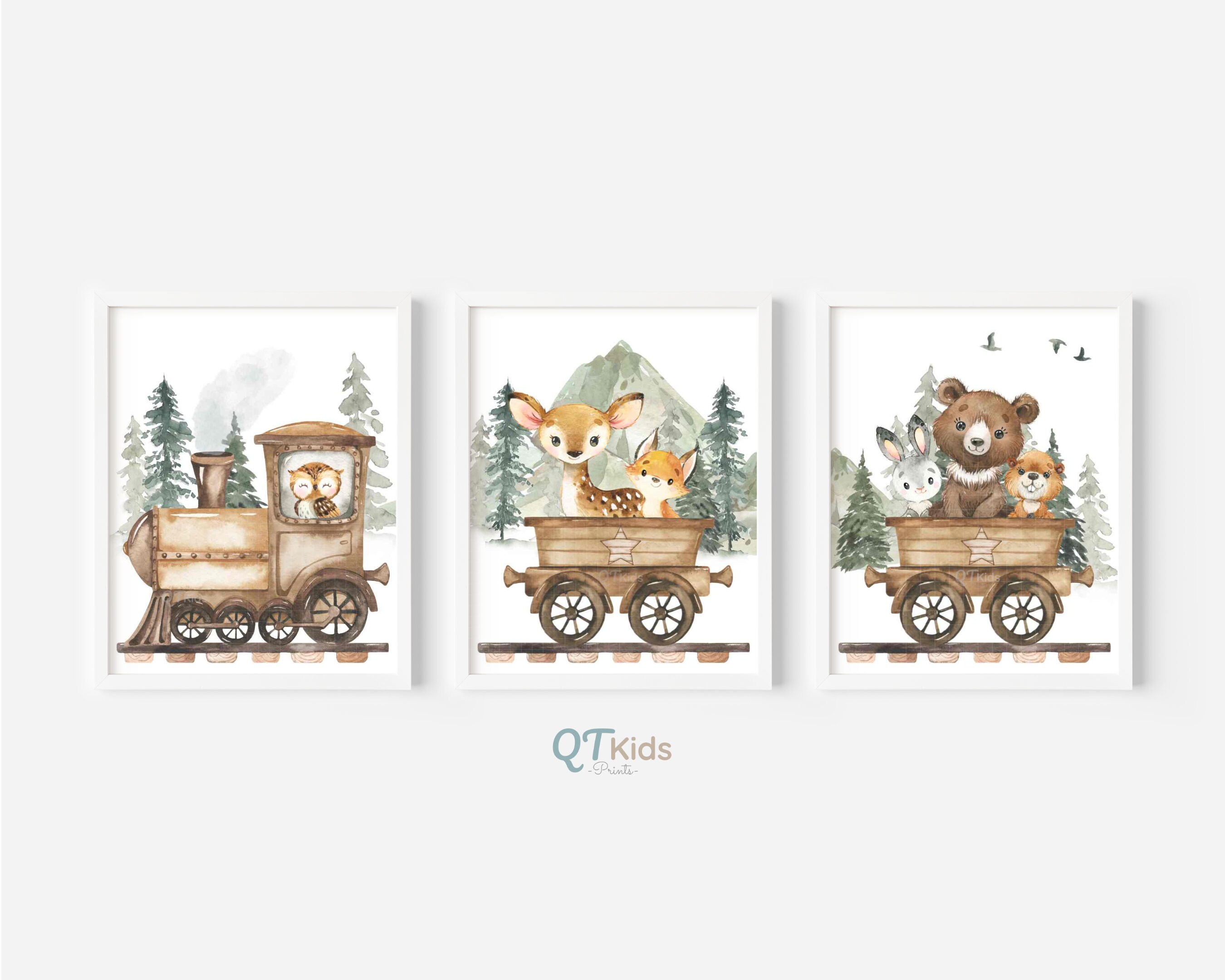 Woodland Nursery Prints, Blue Train Animal Wall Art, Boy Nursery Decor ...