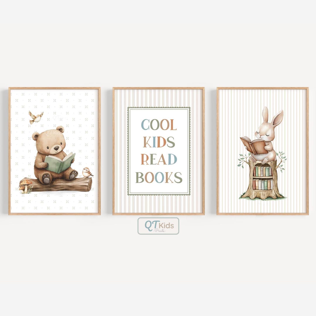 Reading Animals Nursery Prints, Cool Kids Read Books, Book Nook Wall ...