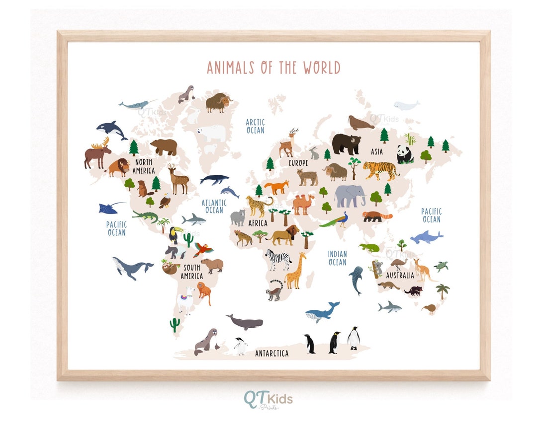 Animal World Map Printable, Kids Learning Poster, Classroom Print ...