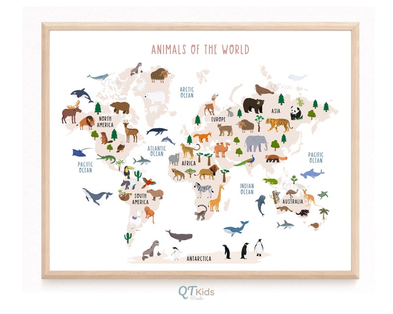 Animal World Map Printable Kids Learning Poster Classroom - Etsy