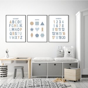 Alphabet Numbers Prints, Boy Playroom Wall Art, Watercolour ABC Shapes ...