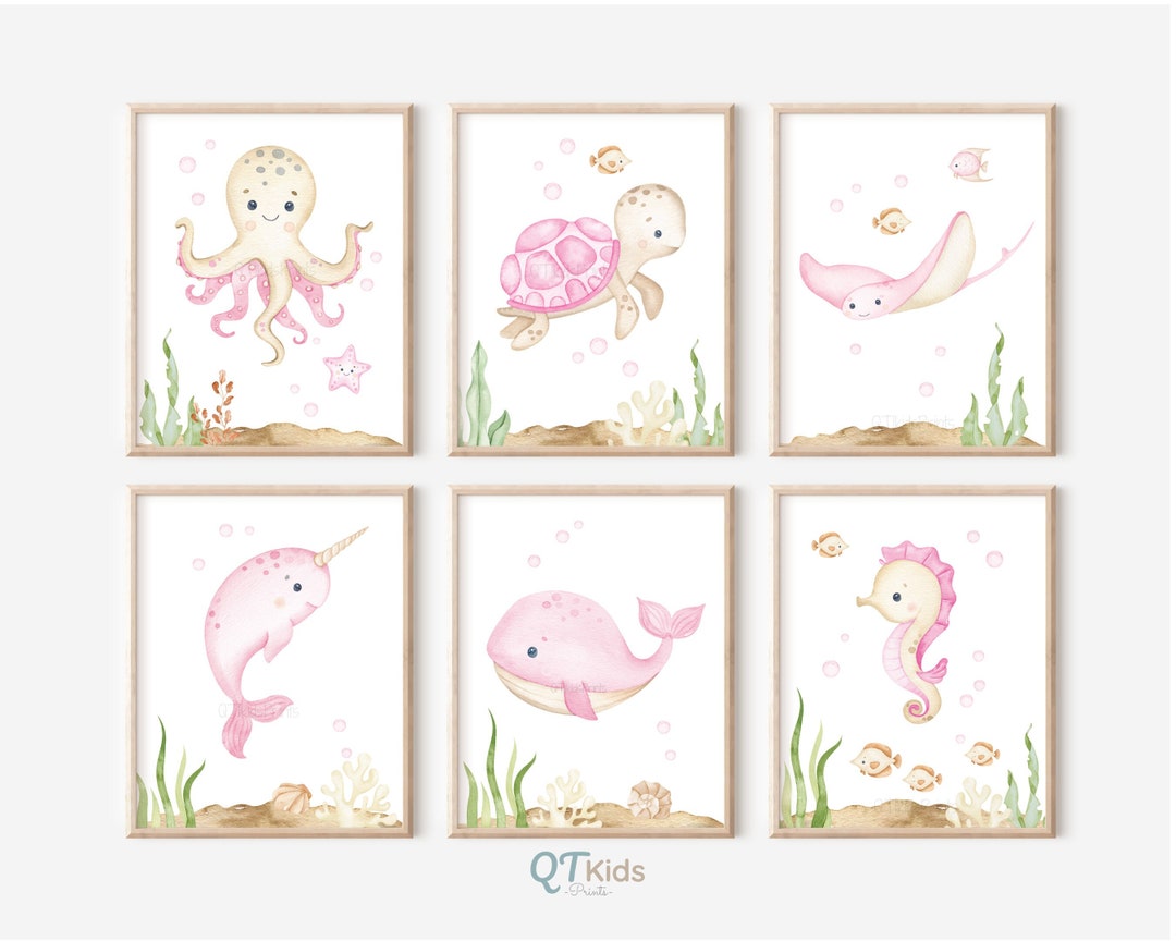 Sea Animal Prints Set, Under the Sea Nursery Prints, Girl Nursery Ocean ...