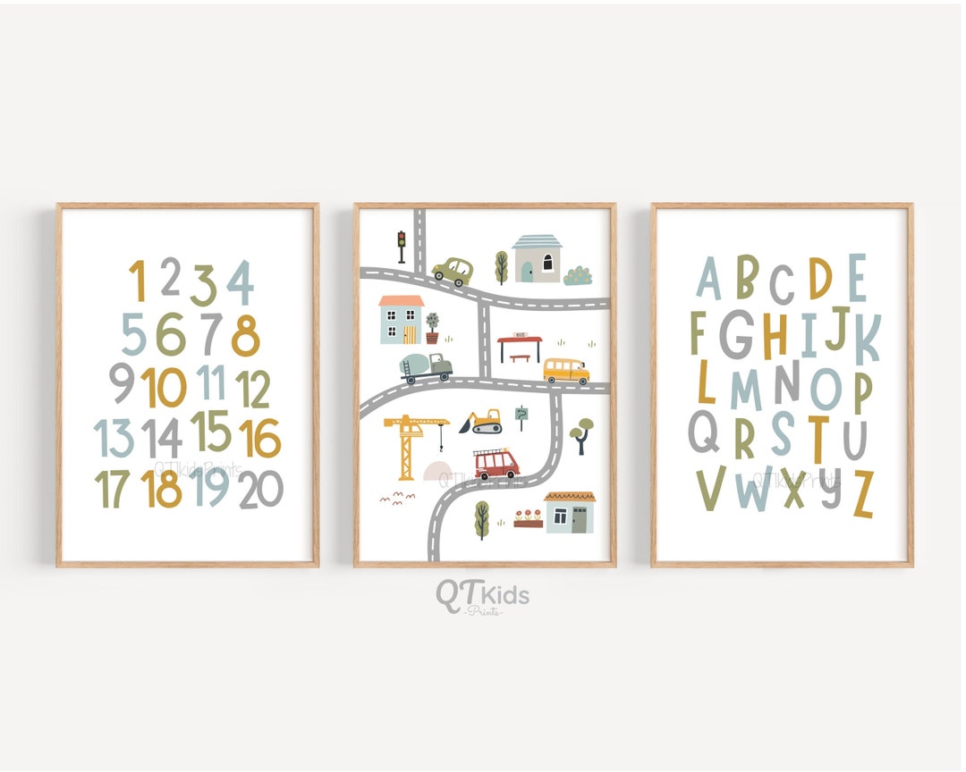 Alphabet Numbers Car Prints Set of 3, Boy Room Printable Wall Art ...
