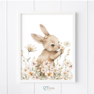 Bunny Wildflowers Printable Wall Art, Girl Nursery Print, Beige Floral ...
