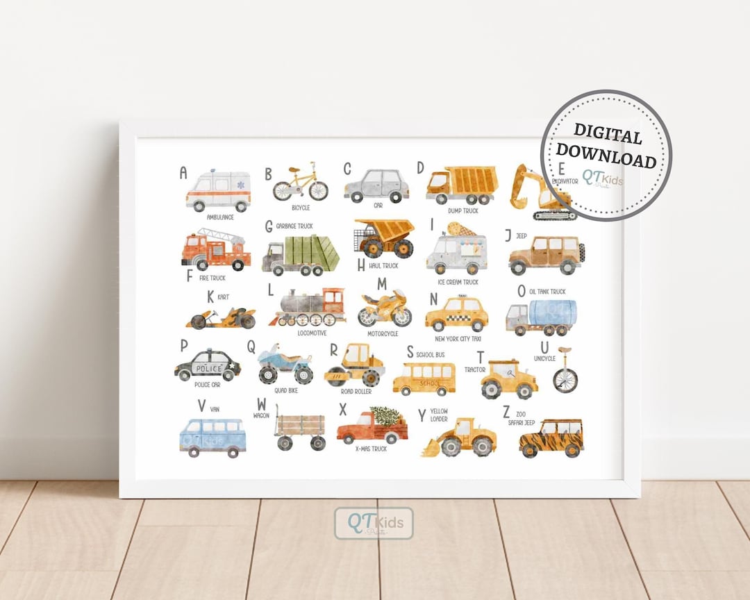 Transport Alphabet Print, Horizontal Vehicles ABC Print, Boy Playroom ...