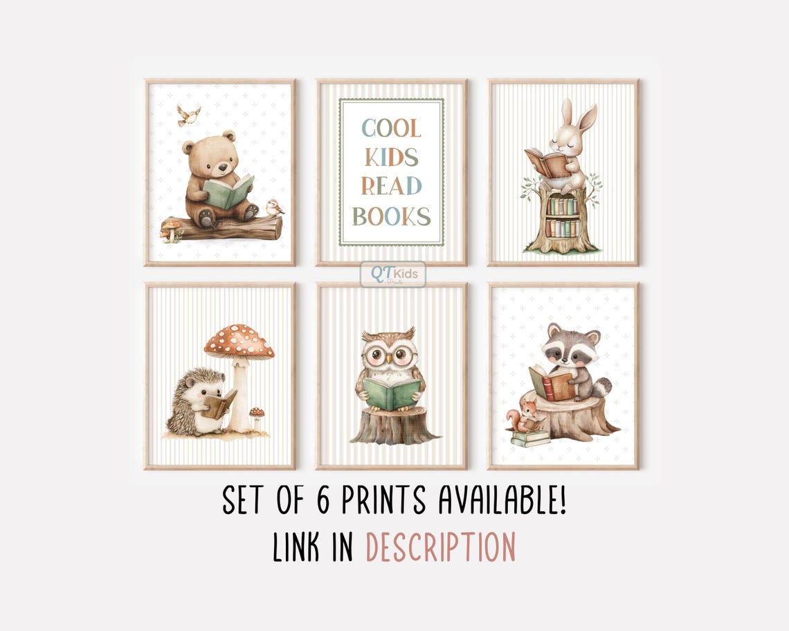 Reading Animals Nursery Prints, Cool Kids Read Books, Book Nook Wall ...