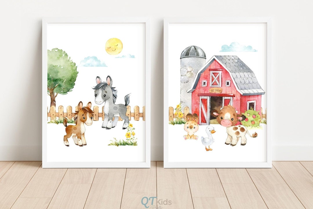 Farm Animal Nursery Prints, Kids Room Wall Art Decor, Set of 2, Barn ...