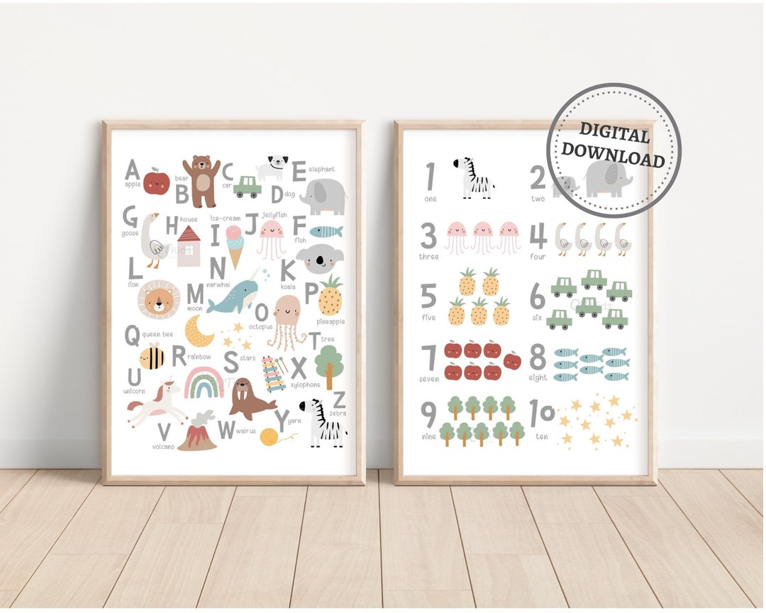 ABC Nursery Prints, Alphabet Numbers Learning Posters, Boho Nursery ...
