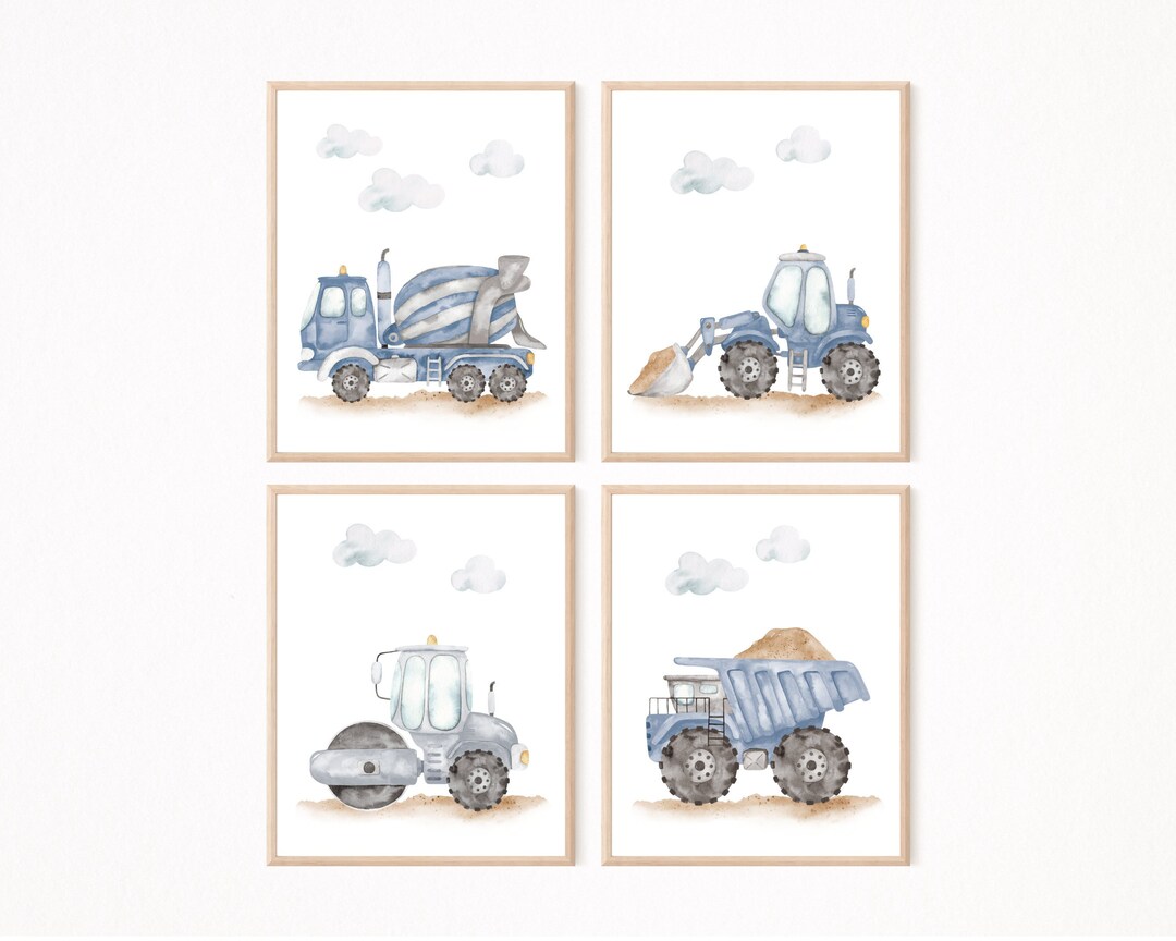 Watercolour Construction Trucks Prints, Boy Room Wall Art, Blue Truck ...