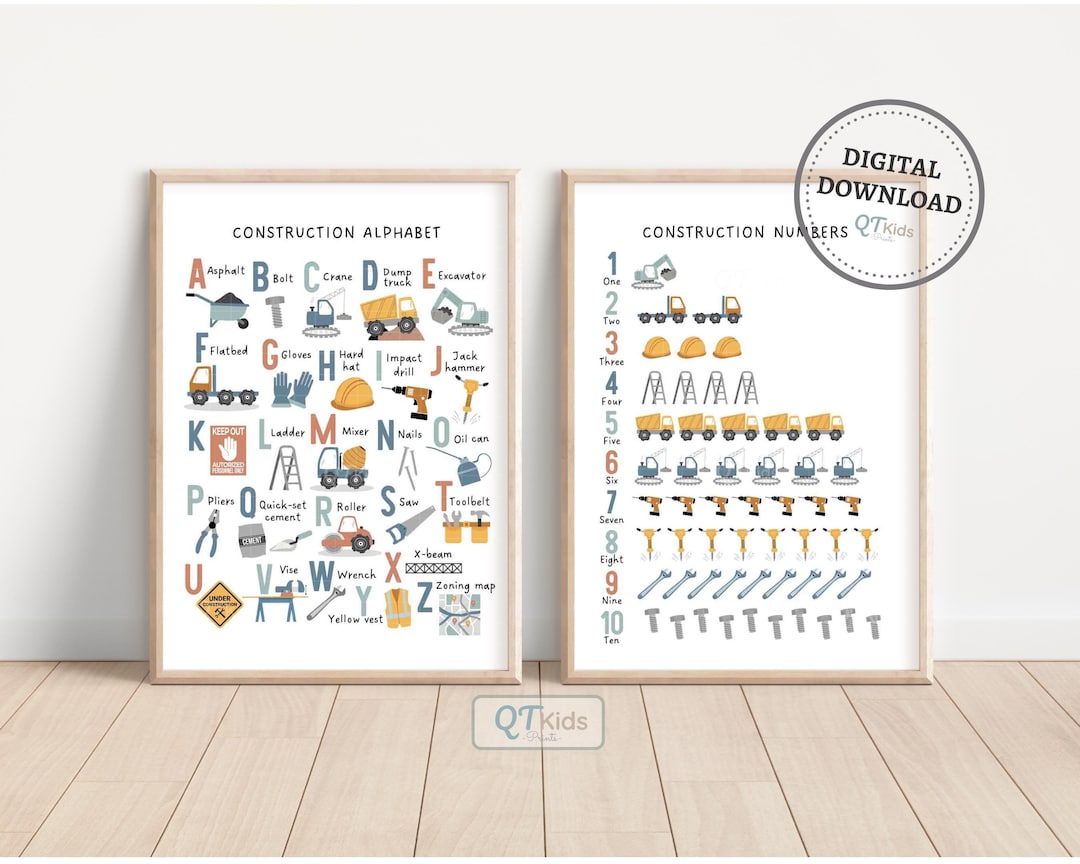 Construction Prints, ABC Alphabet Numbers, Toddler Playroom Decor ...