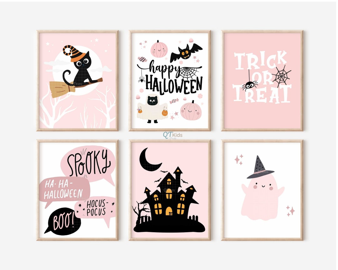 Pink Halloween Print Set of 6, Girl Room Halloween Decor, Ghost Black ...