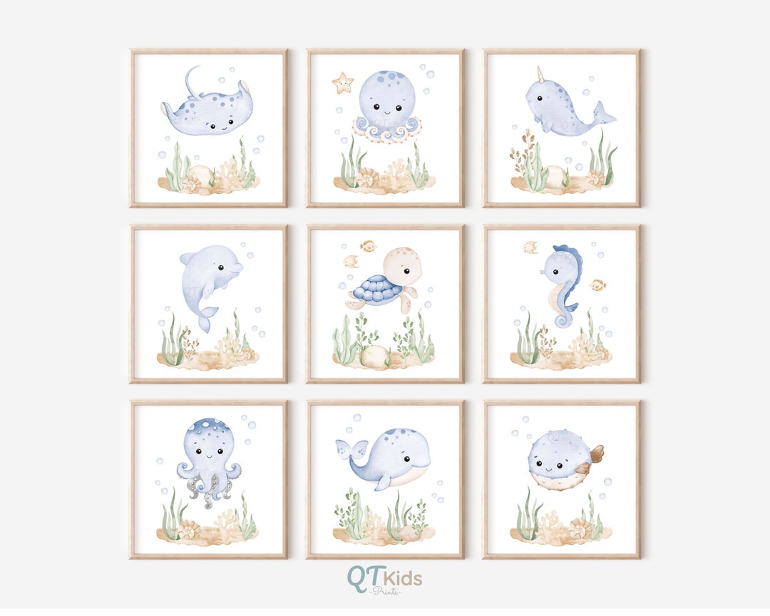 Sea Animal Nursery Prints, Set of 9 Nautical Ocean Animal Square ...