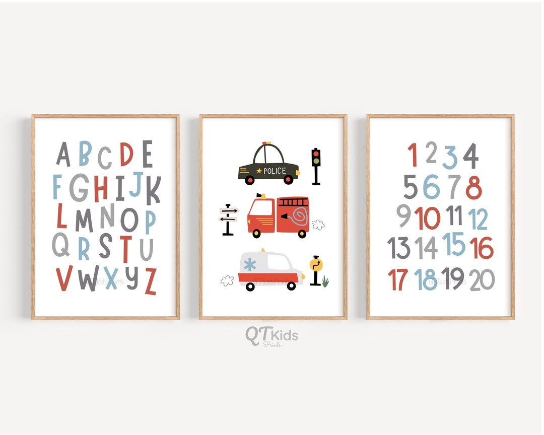 Transport Alphabet Numbers Prints Set of 3, Boy Room Printable Wall Art ...