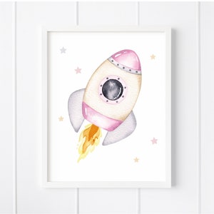 Pink Space Rocket Print, Outer Space Printable Wall Art, Girl Playroom ...