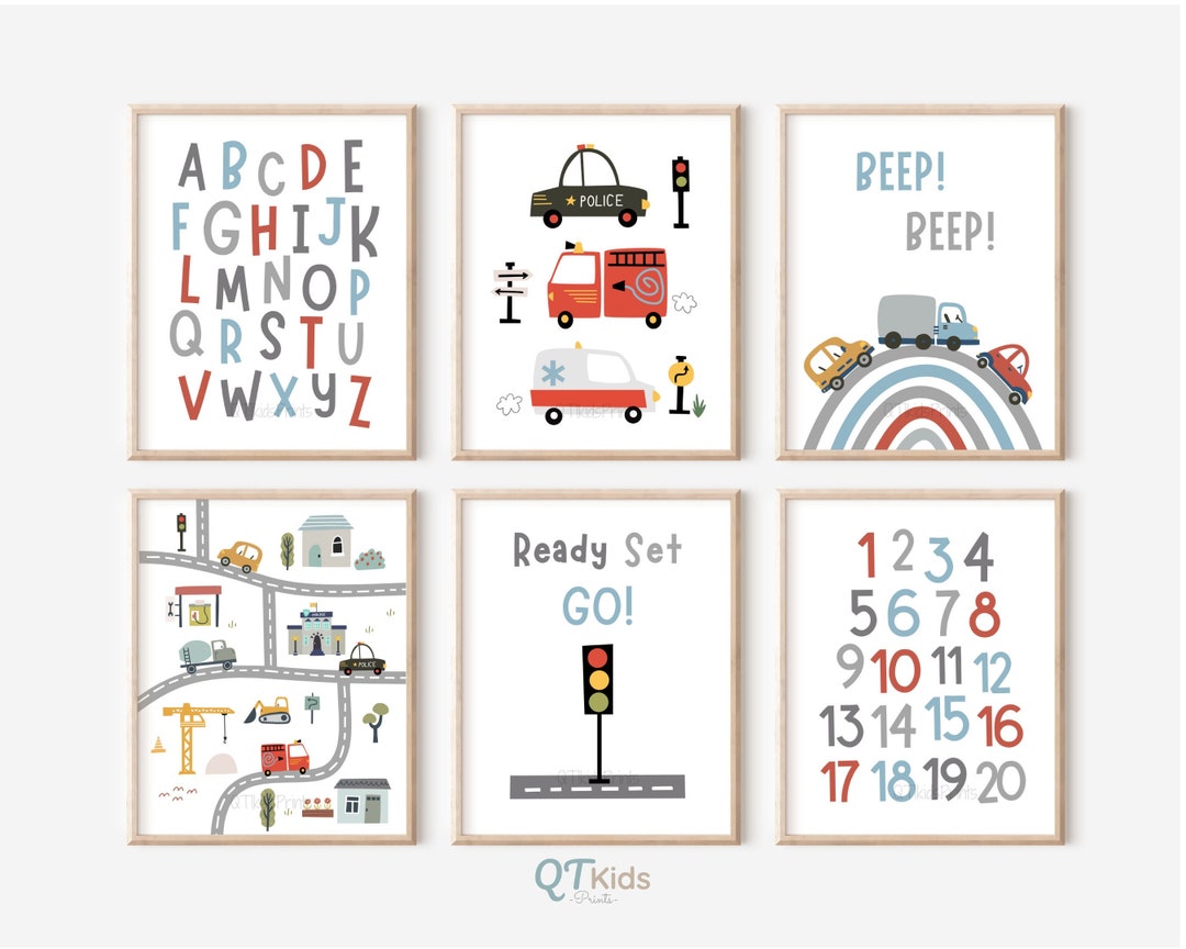 Transport Alphabet Numbers Prints Set of 6, Boy Room Printable Wall Art ...