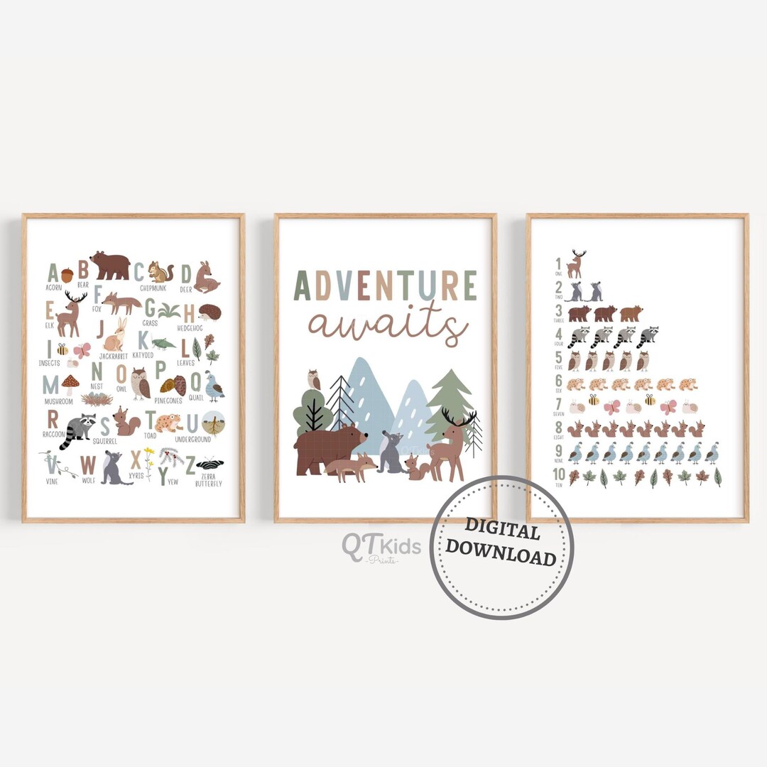 Woodland Nursery Prints, ABC Alphabet Print, Forest Animals Bear Deer ...