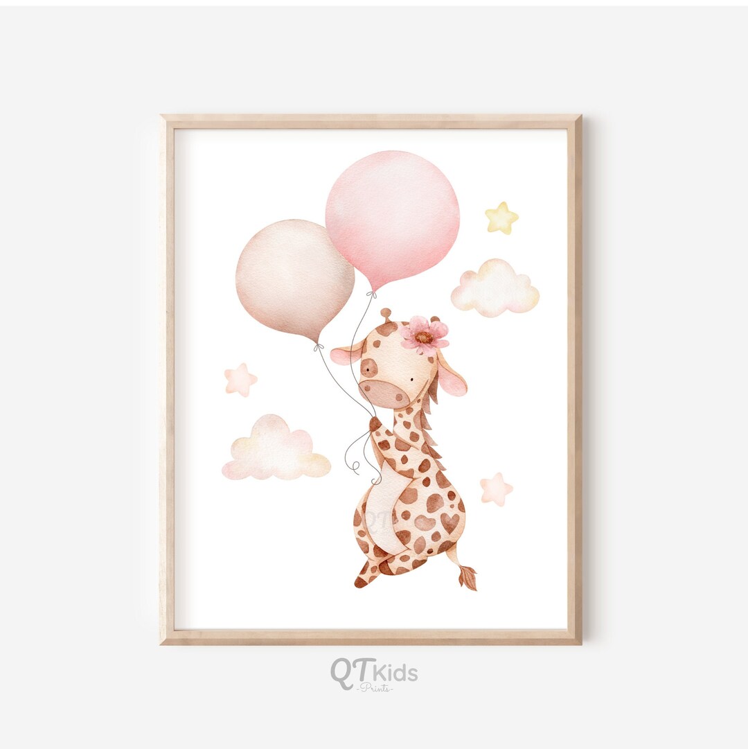Girl Nursery Print, Baby Giraffe With Balloons, Pink Girl Room Decor ...