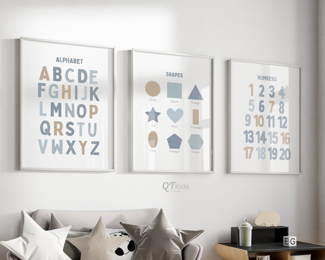 Alphabet Numbers Prints, Boy Playroom Wall Art, Watercolour ABC Shapes ...