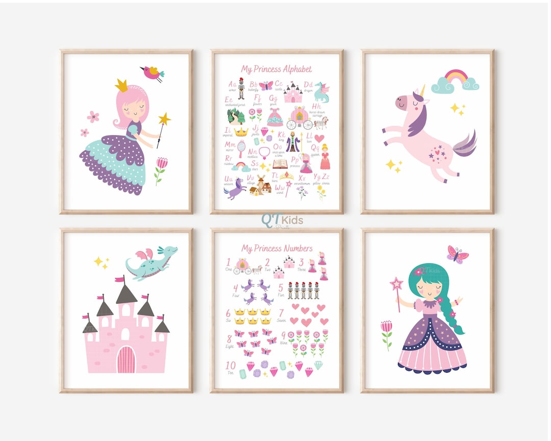Princess ABC Number Prints, Girl Nursery Print, Playroom Princess Decor ...