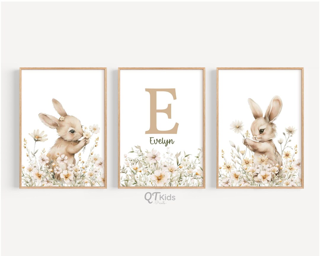 Personalized Girl Nursery Prints, Custom Baby Name Bunny Prints, Beige ...