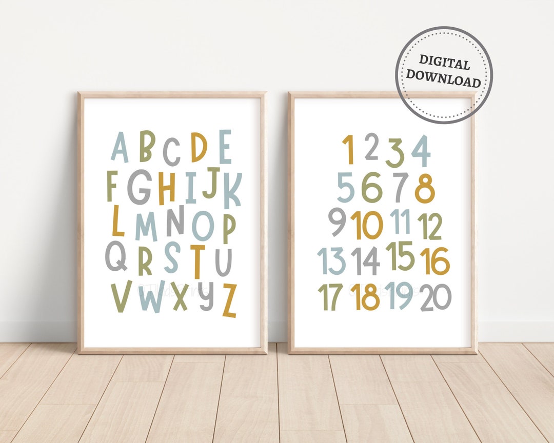 Alphabet Numbers Prints Set of 2, Boy Room Printable Wall Art, Toddler ...