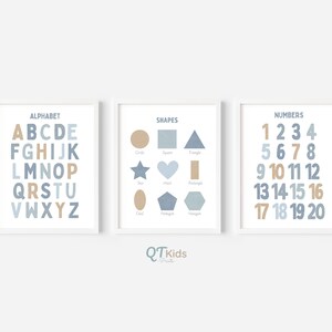 Alphabet Numbers Prints, Boy Playroom Wall Art, Watercolour ABC Shapes ...