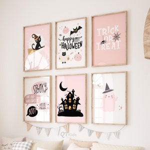 Pink Halloween Print Set of 6, Girl Room Halloween Decor, Ghost Black ...