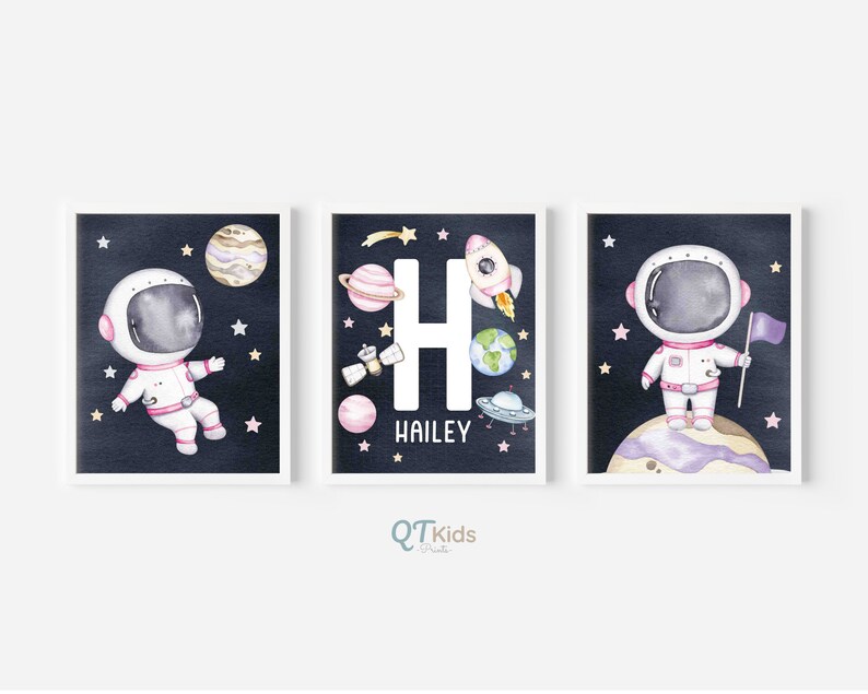 Personalized Space Prints, Custom Name Pink Astronaut Posters, Girl ...