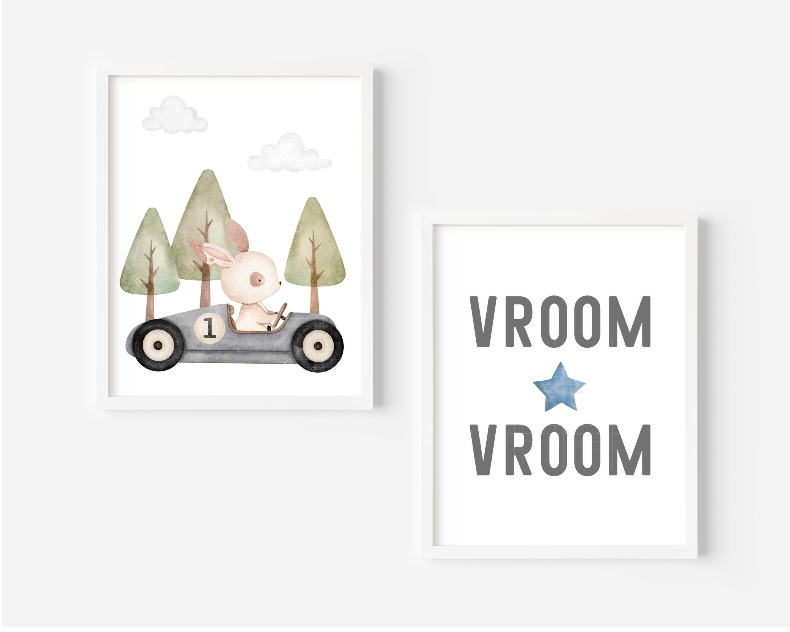Blue Race Car Nursery Prints, Woodland Animals in Cars, Boy Playroom ...