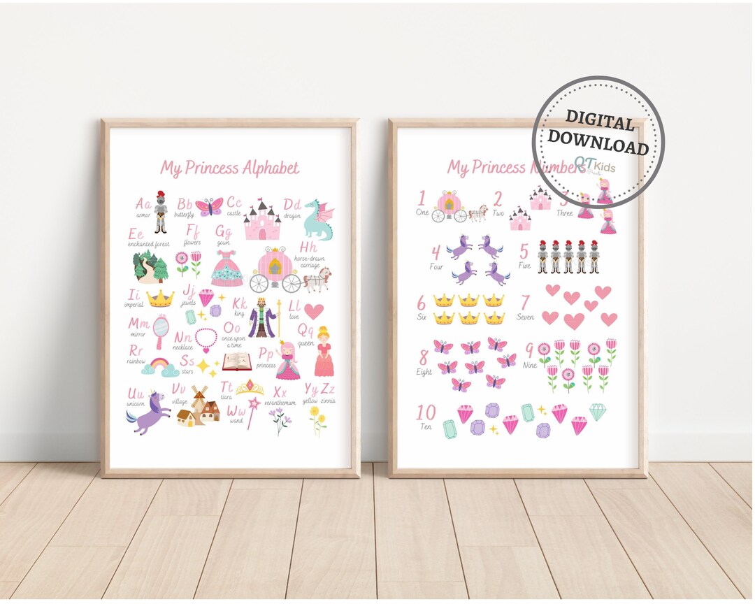 Princess ABC Number Prints, Girl Nursery Print, Playroom Princess Decor ...