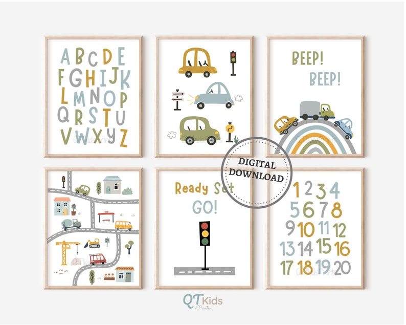 Transport Alphabet Numbers Prints Set of 6, Boy Room Printable Wall Art ...