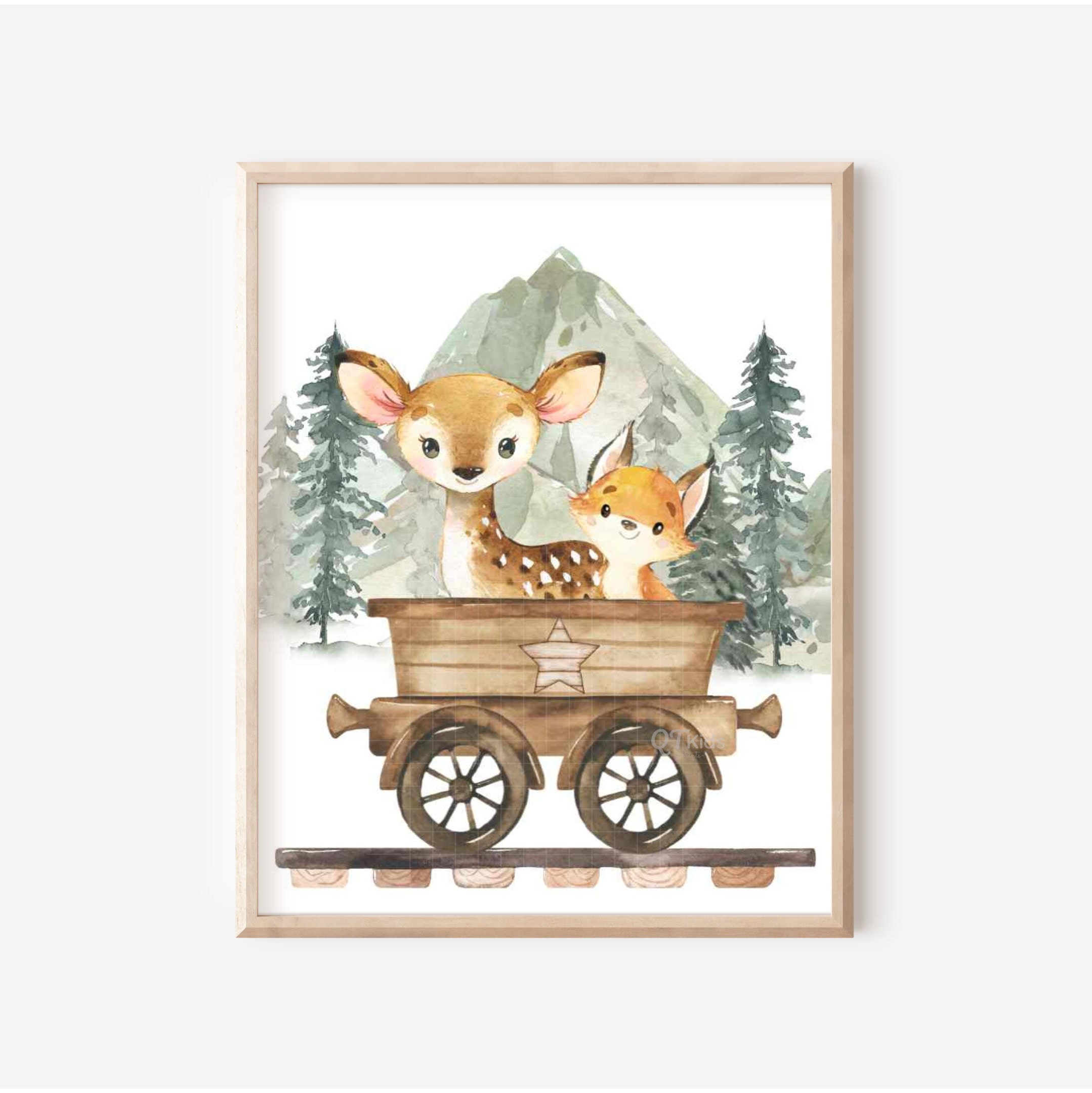 Woodland Nursery Prints, Blue Train Animal Wall Art, Boy Nursery Decor ...