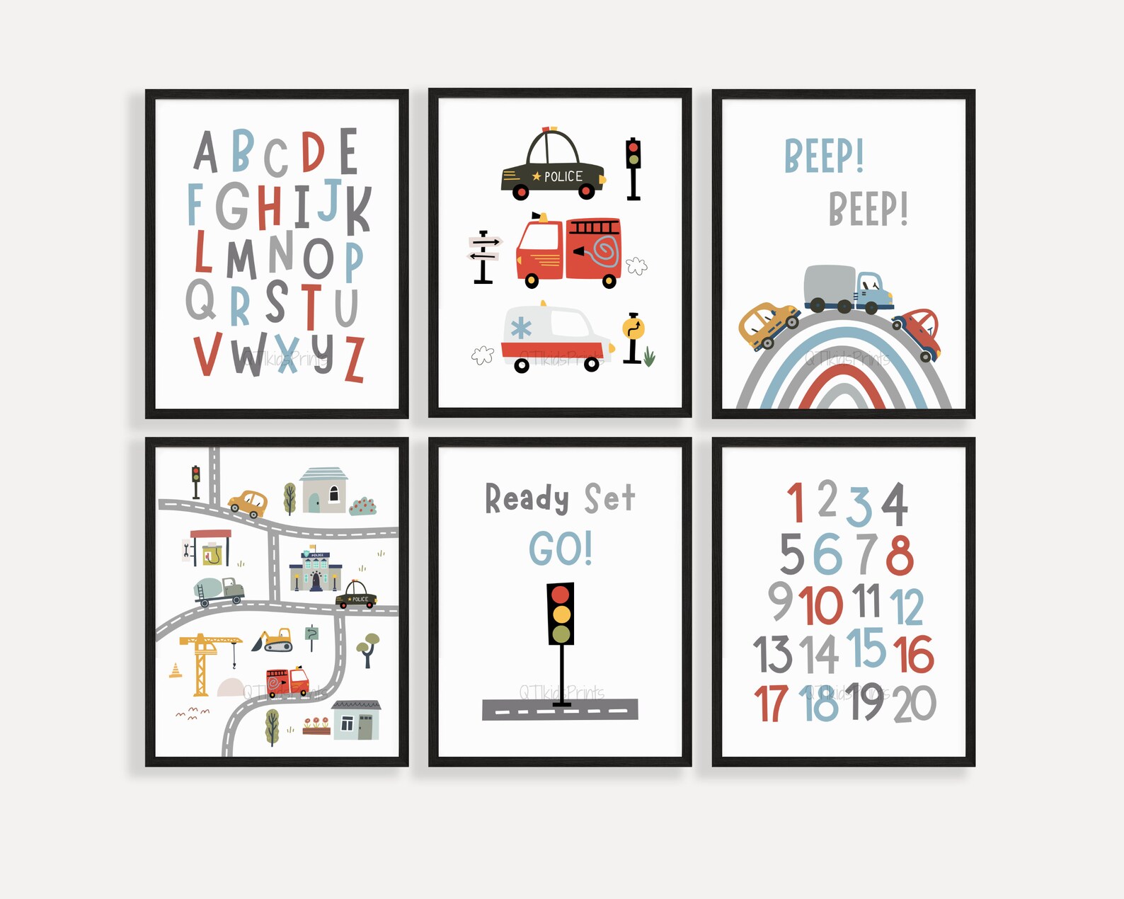 Transport Alphabet Numbers Prints Set of 6, Boy Room Printable Wall Art ...