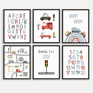 Transport Alphabet Numbers Prints Set of 6, Boy Room Printable Wall Art ...
