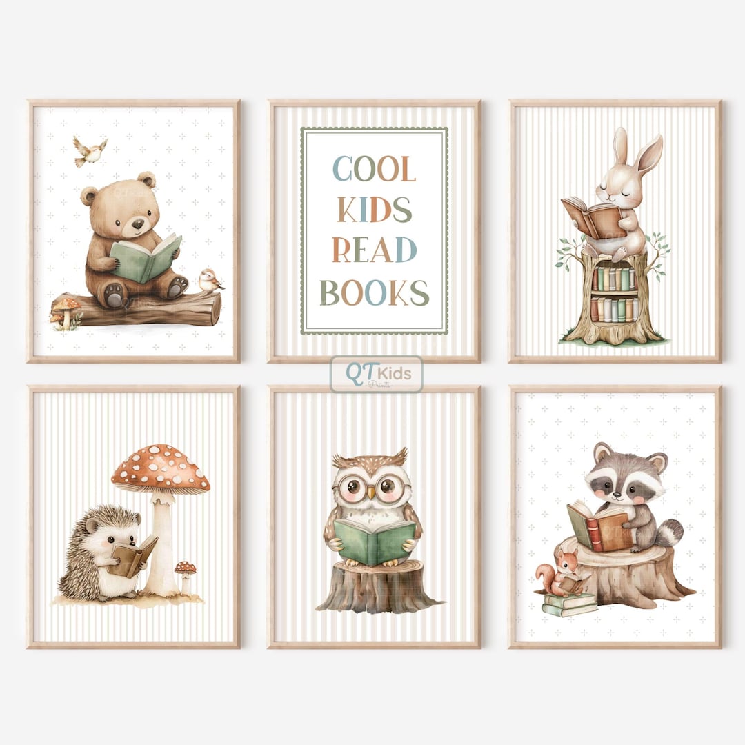 Reading Animals Nursery Prints, Cool Kids Read Books, Reading Corner ...